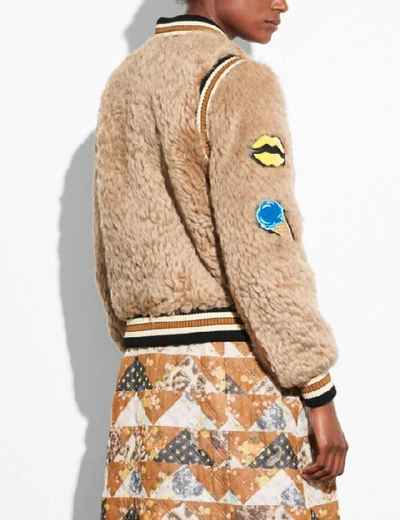 Coach Shearling Bomber Jacket W/ Patches In Beige | ModeSens