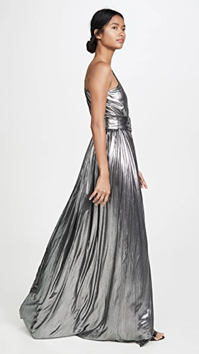 Retroféte Andrea Belted One Shoulder Metallic Maxi Dress In Gunmetal