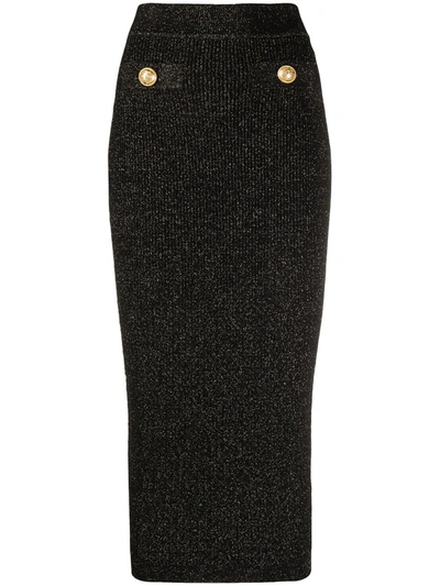 Balmain Button Embellished Metallic Ribbed Knit Midi Skirt In Black