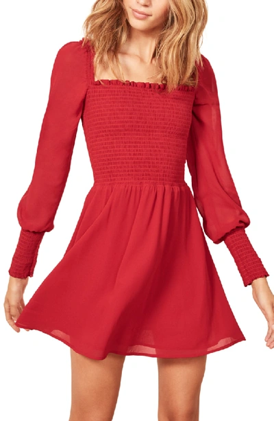 Reformation Kelli Smocked Bodice Fit & Flare Minidress In Lipstick ...