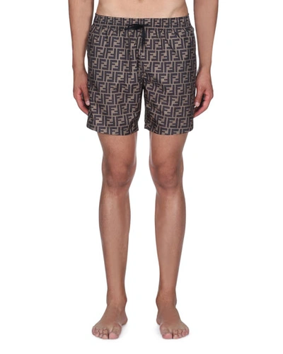 Fendi Men's Logo Allover Swim Trunks In Brown Pattern | ModeSens