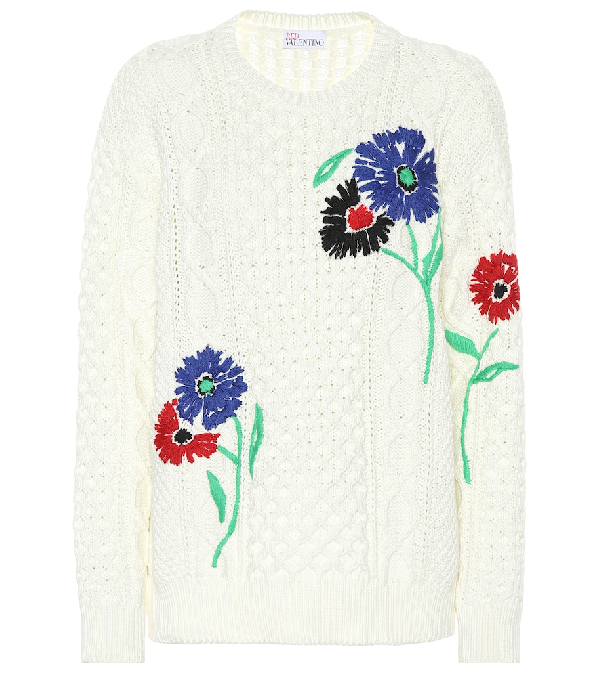 Red Valentino Floral Embroidered Cable Knit Cotton Sweater In Neutrals