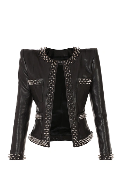 Balmain Collarless Spike-trimmed Leather Jacket In Black | ModeSens