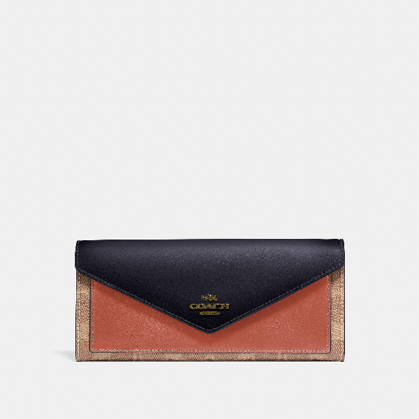Coach Soft Wallet In Colorblock Signature Canvas In Tan/ink Light Peach ...