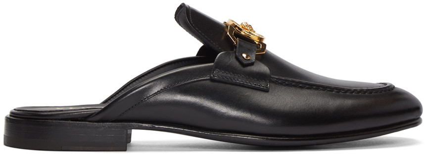 Versace Calf Leather Open Back Loafers In Black | ModeSens