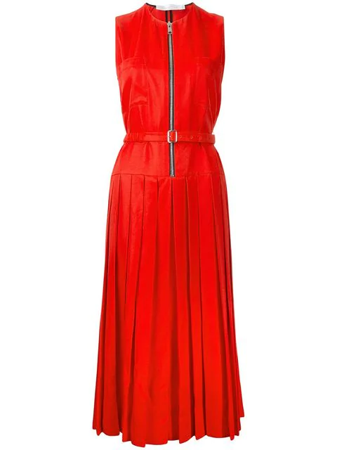 Victoria Beckham Zip Front Pleated Gabardine Midi Dress In Red | ModeSens
