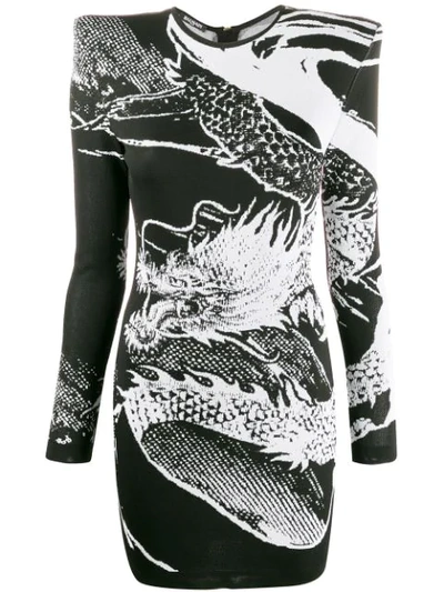 Balmain Dragon-jacquard Stretch-knit Mini Dress In Black | ModeSens