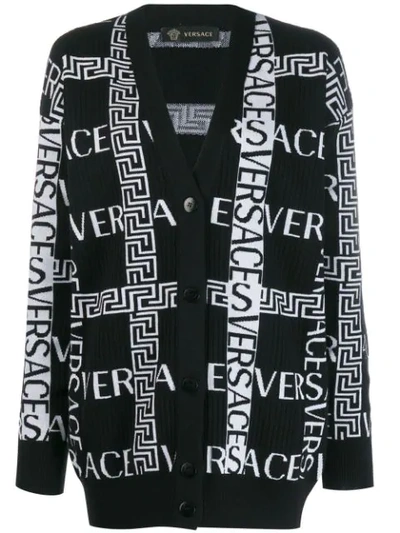 Versace Greek Key Logo-intarsia Cardigan In Black | ModeSens