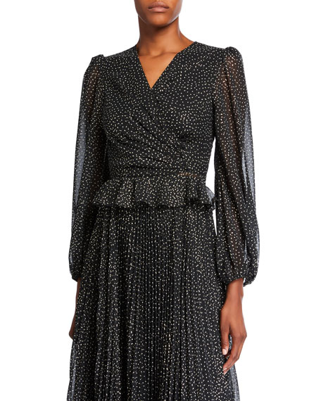 Jill Jill Stuart Foil Print Ruched Long Sleeve Peplum Blouse In Black