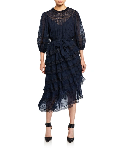 Zimmermann Sabotage Tiered Lace Midi Dress In Navy Modesens