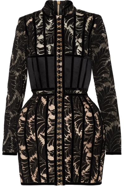 Balmain Velvet-trimmed Duchesse Satin And Embroidered Organza Mini ...