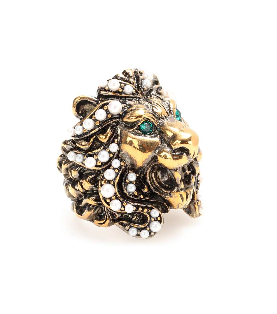 Gucci Lion Head Ring With Crystals In Aged Gold Finish | ModeSens