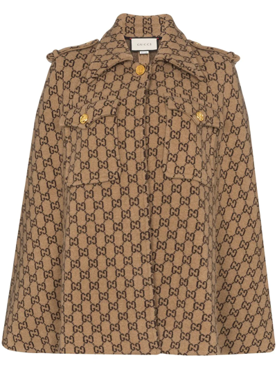 Gucci Gg Logo Patterned Cape Jacket In Brown | ModeSens