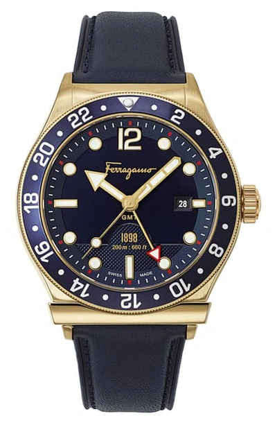 Ferragamo Sport Leather Strap Watch, 44mm In Blue/ Gold | ModeSens