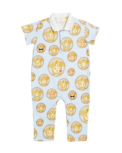 Versace Kid's Emoji Medusa Head Print Playsuit In Light Blue | ModeSens