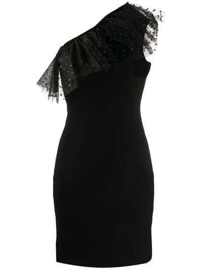 Red Valentino One Shoulder Glittered Tulle Paneled Stretch Knit Mini