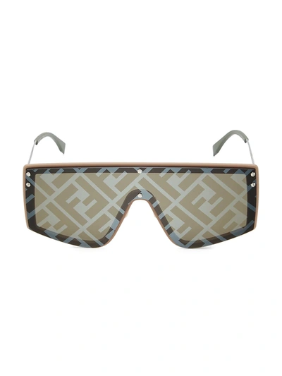 Fendi Men's Mirrored Ff-monogram Shield Sunglasses In Beige | ModeSens
