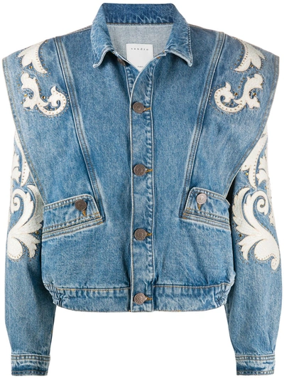Sandro Denim Jacket With Patches & Rhinestones In Blue | ModeSens