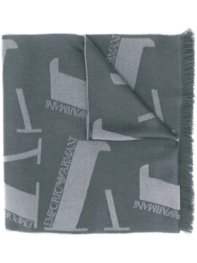 Emporio Armani Monogram Raw-edge Wool Scarf In Black | ModeSens