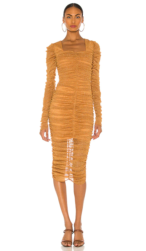Jonathan Simkhai Standard Long Sleeved Ruched Midi Dress In Cinnamon ...