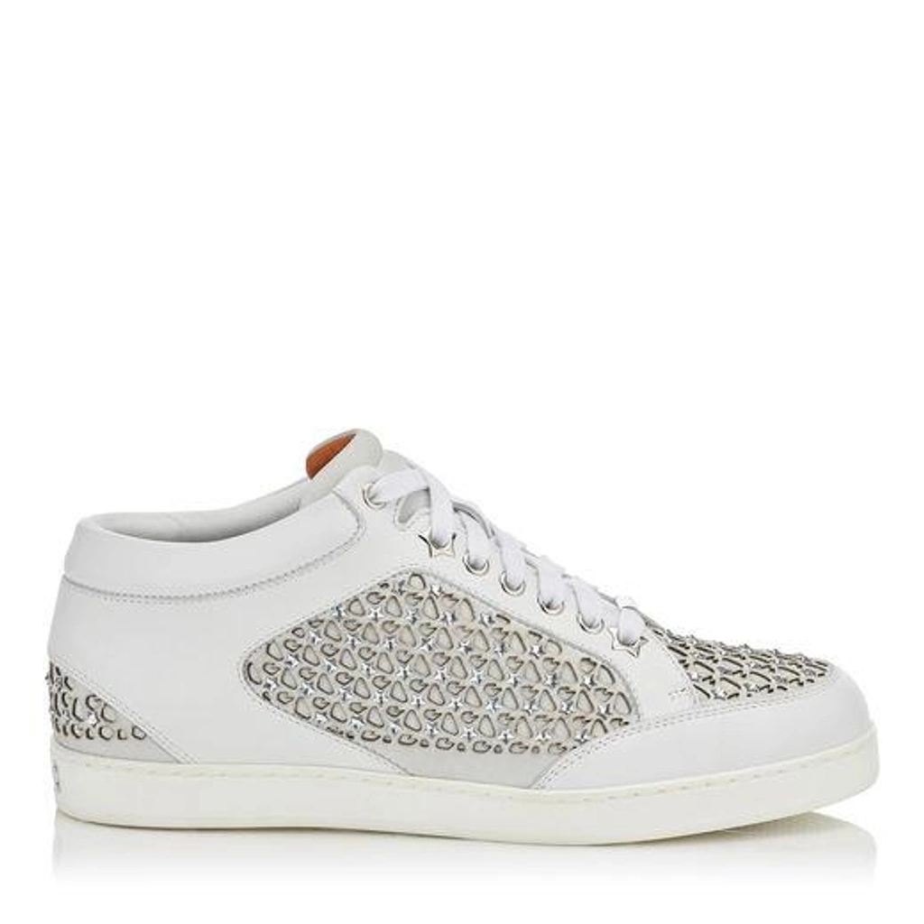 Jimmy Choo Miami Optic White Leather Sneakers With Crystal Stars | ModeSens