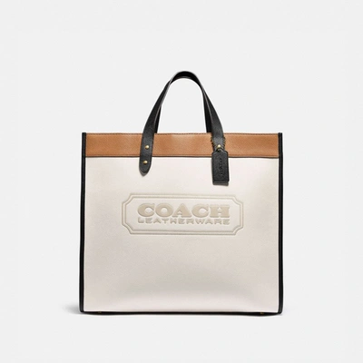 Coach Field Tote 40 In Colorblock With Badge In White In Brass/chalk ...