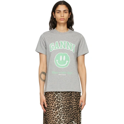 Ganni Smiley-face Print Logo T-shirt In Paloma Melange | ModeSens