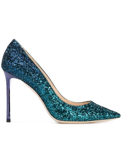 Jimmy Choo Romy 100 Glitter Pumps In Peacock-navy | ModeSens