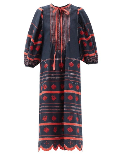 Vita Kin Belarus Tasseled Embroidered Linen Midi Dress In Black | ModeSens