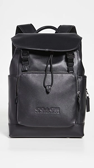 Coach League Leather Flap Backpack In Black Copper/black | ModeSens