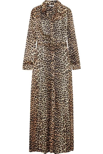 Ganni Dufort Leopard Print Silk Blend Satin Maxi Dress In Brown Modesens