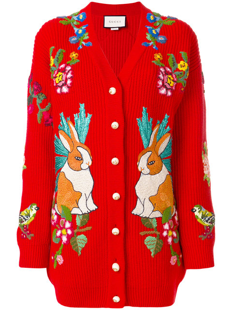 Gucci Oversized Embroidered Rabbit Knit Cardigan In Red | ModeSens