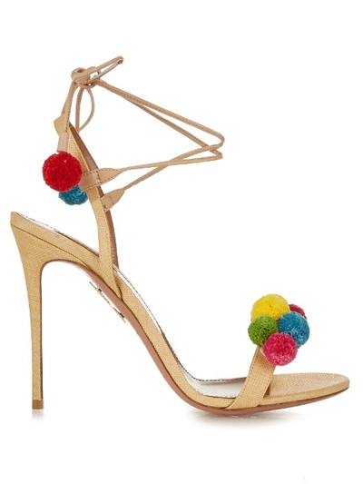 Aquazzura Pon Pon Sand 105 Raffia And Leather Heeled Sandals In Light ...