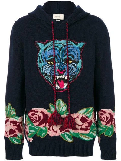 Gucci Angry Cat Knitted Hoodie In Blue | ModeSens