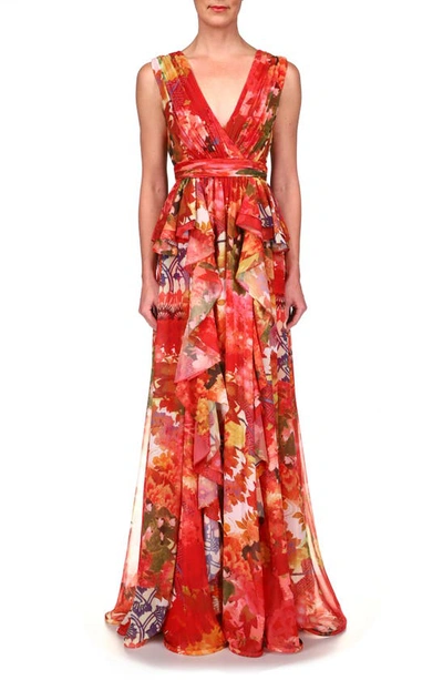 Badgley Mischka Floral Georgette Cascading Ruffle Gown In Red Multi ...