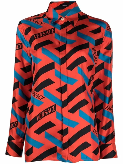 Versace La Greca Monogram Print Silk Blouse Modesens