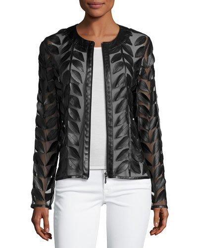 Bagatelle Leather Leaf-Trimmed Sheer Organza Jacket, Black | ModeSens