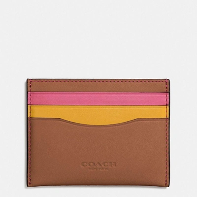Coach Flat Card Case In Colorblock In Dark Gunmetal/saddle/peony/flax ...