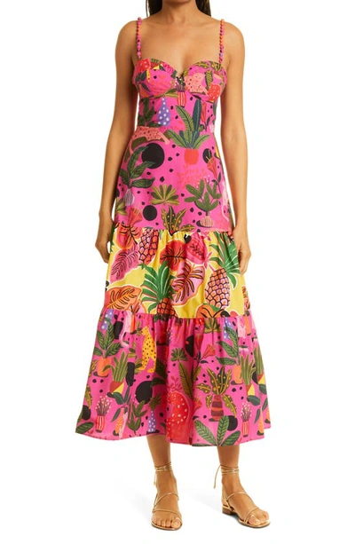 Farm Rio Pink Pop Leopards Mixed Midi Dress | ModeSens