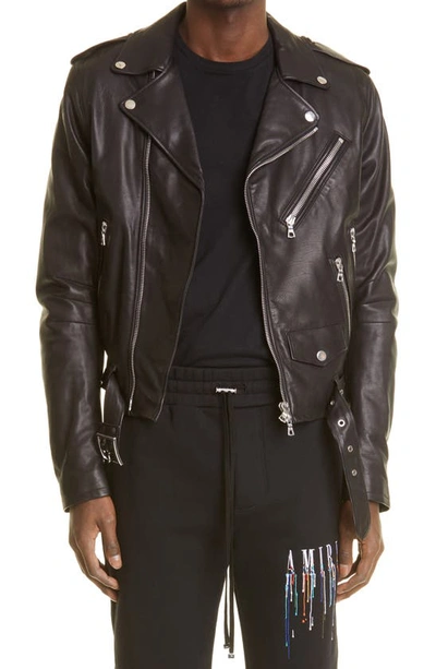 Amiri Embroidered Paint Drip Core Logo Leather Biker Jacket In Black ...