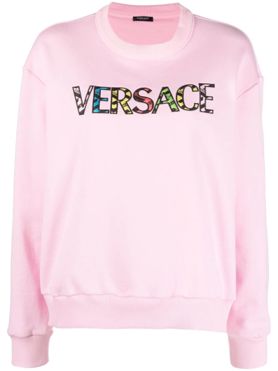 Versace Embroidered French Cotton-terry Sweatshirt In Pink | ModeSens