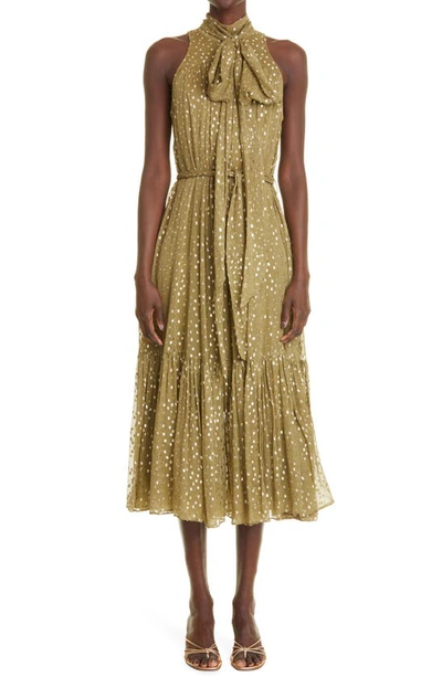 Zimmermann Pussy Bow Metallic Fil Coupé Silk Blend Crepon Midi Dress In