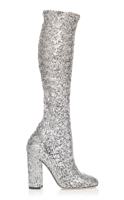 Dolce & Gabbana 90mm Stretch Sequins Over The Knee Boots In Silver ...