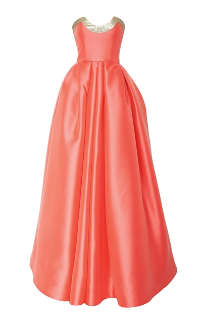 Reem Acra Lamé-trimmed Satin-jacquard Gown In Pink | ModeSens