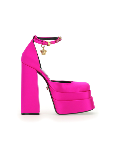 Versace Block Heel Sandals In Deep Fuxia-gold | ModeSens