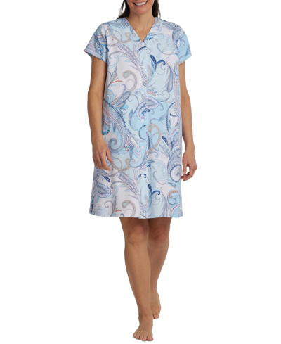 Miss Elaine Plus Size Printed Short Sleeve Short Gripper Robe In Blue ...