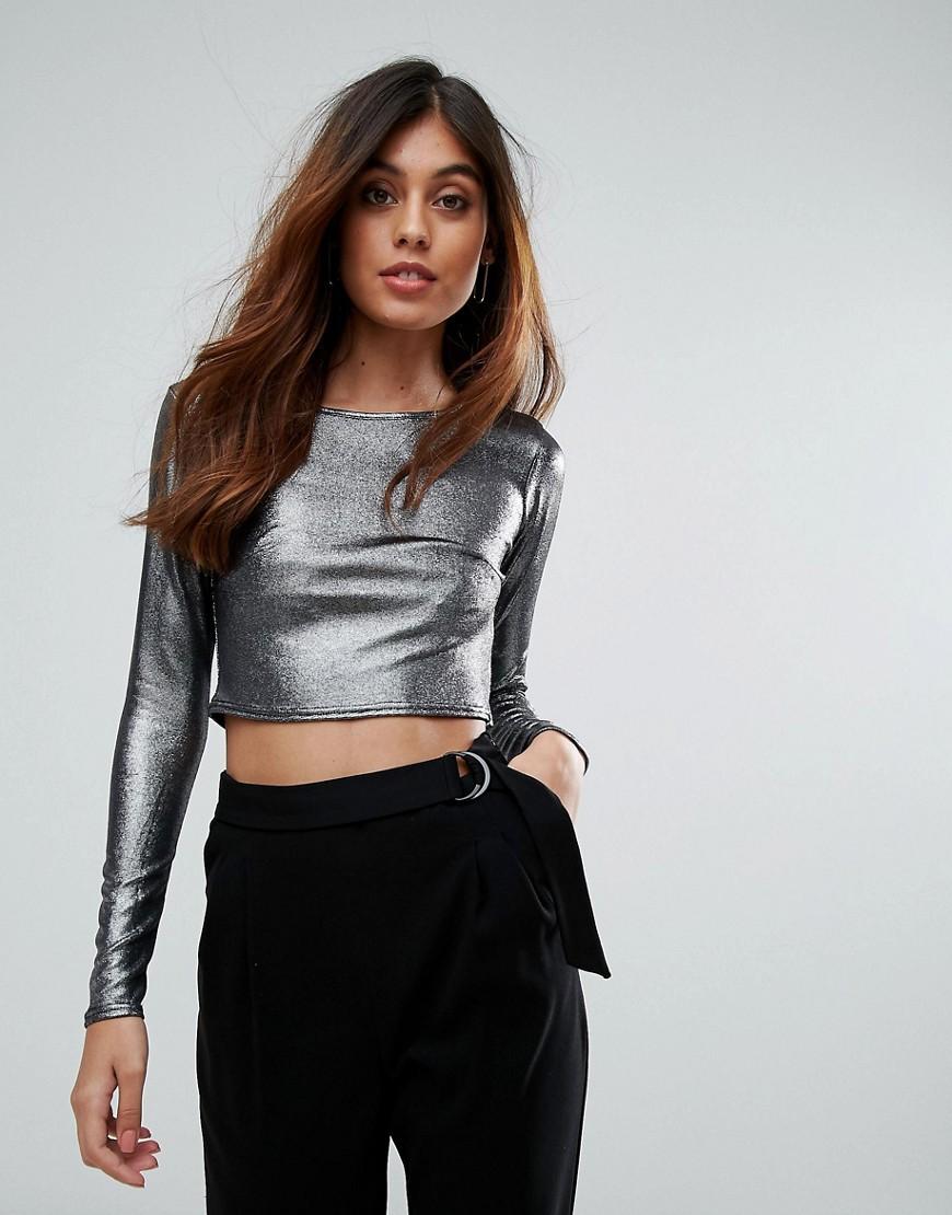Oh My Love Metallic Crop Top Silver Modesens