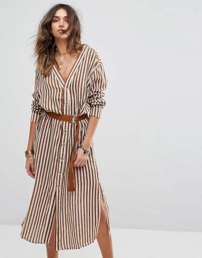 Moon River Stripe Button Down Shirt Dress - Brown | ModeSens