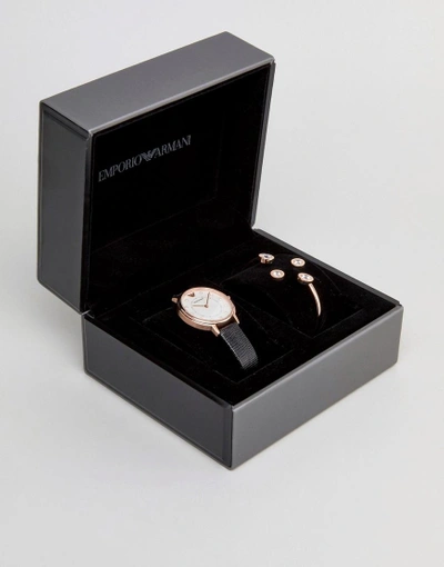 Emporio Armani Ar80011 Leather Watch Gift Set With Earrings & Bracelet ...