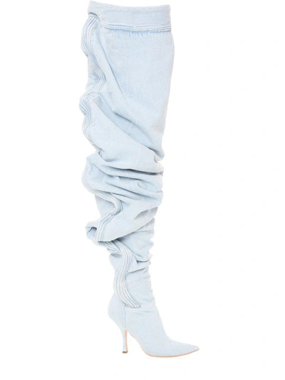 Y/project Thigh-high Ruched Denim Boots In Cyan | ModeSens